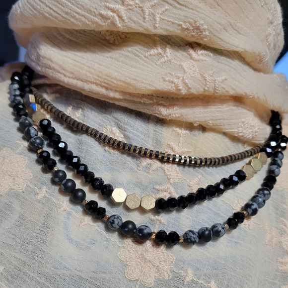 Source Unknown | Jewelry | Layered Necklace Gold Black Precious Stones ...